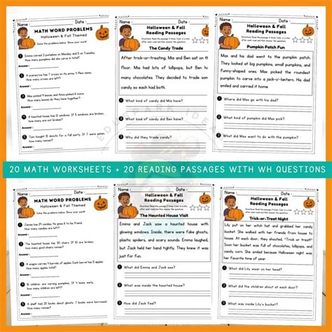 Halloween And Fall Themed Math And Reading Word Problems And Comprehension Passage