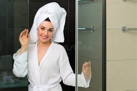 Young Woman Undressing In Bathroom Rear View Stock Image Image Of