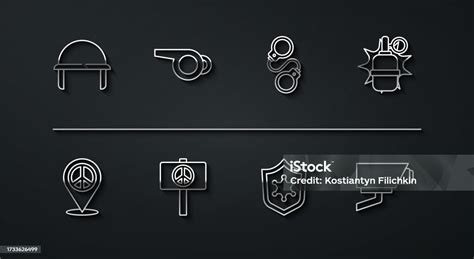 라인 군사 헬멧 위치 평화 수류탄 경찰 배지 평화 호루라기 보안 카메라 및 수갑 아이콘을 설정합니다 벡터 검은색에 대한 스톡 벡터 아트 및 기타 이미지 Istock