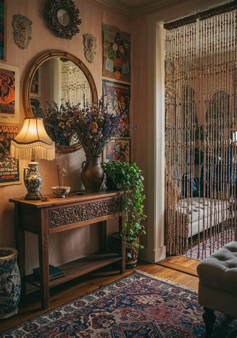 Foyer Ideas Entryway With 70s Bohemian Style Entryway Table Decor And Small Space Layering Tips