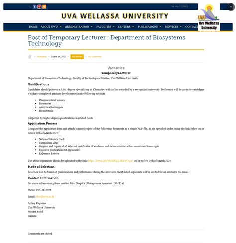 Programmer Systems Analyst Temporary Lecturer Uva Wellassa University