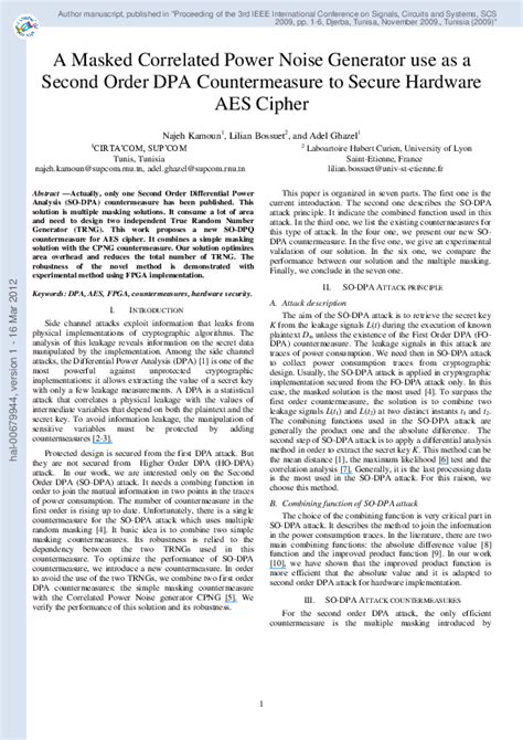 Pdf A Masked Correlated Power Noise Generator Use As A Second Order Dpa Countermeasure To