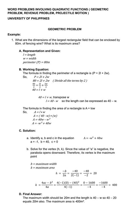 SOLUTION MATHEMATICS Word Problems Involving Quadratic Functions Geometric Problem Revenue