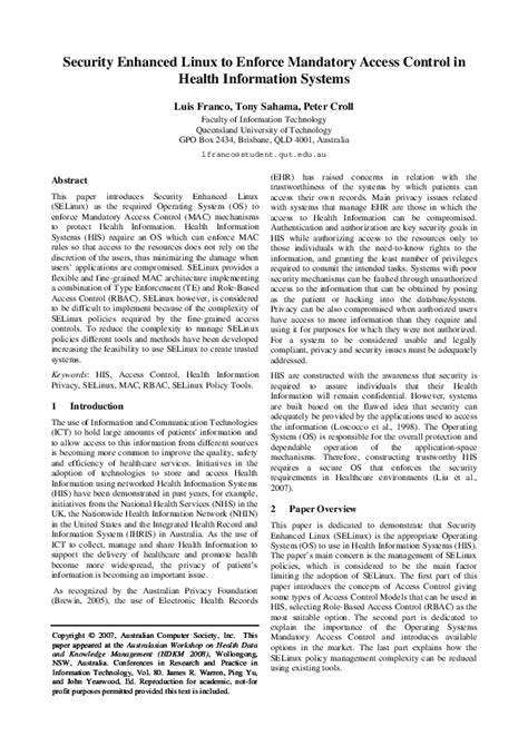 Pdf Security Enhanced Linux To Enforce Mandatory Access Control In Health Information Systems