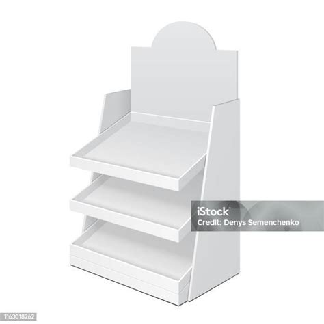 선반 모의 와 슈퍼마켓 빈 빈 골판지 사다리 바닥 디스플레이 랙 흰색 배경에 격리된 그림입니다 설계 준비 완료 제품 광고 벡터