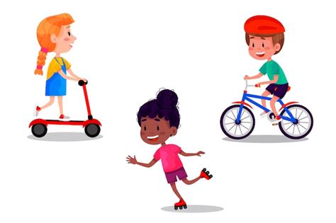 자전거를 타는 아이의 그룹 자전거를 타는 어린이 흰색 배경에 자전거 그림에 아이 프리미엄 벡터