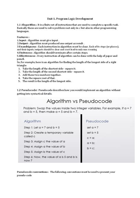 unit 1 c programming notes of algorithm and code unit 1 program logic development 1
