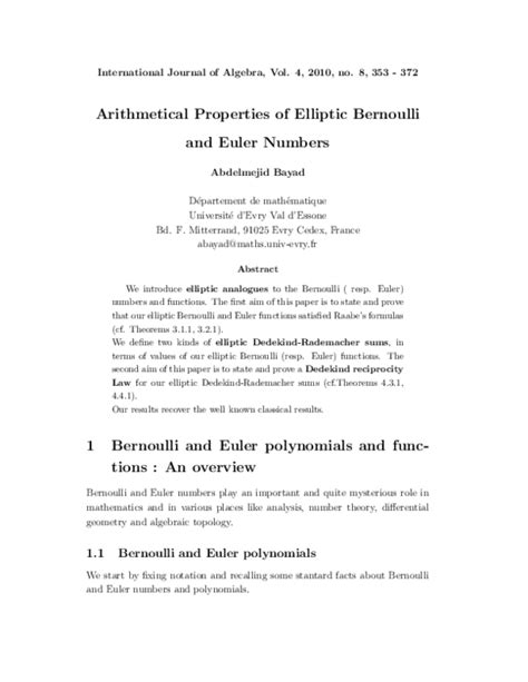 Pdf 1 Bernoulli And Euler Polynomials And Functions An Overview