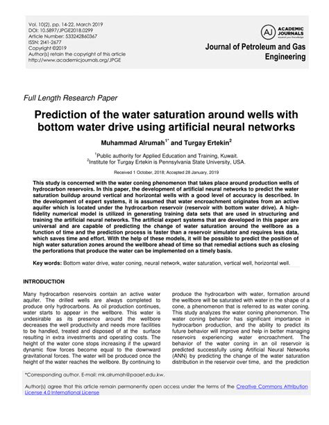 Pdf Prediction Of The Water Saturation Around Wells With Bottom Water Drive Using Artificial