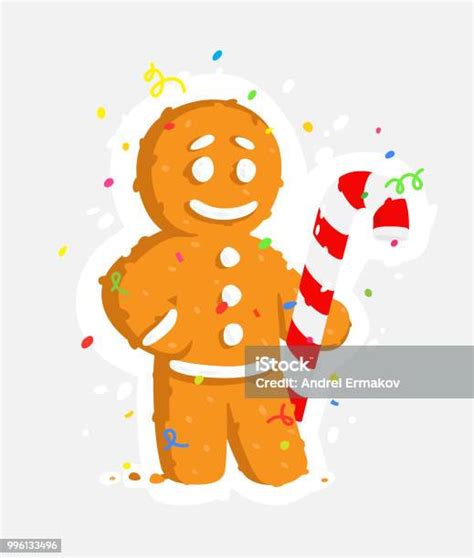 캐 러 멜 지팡이와 진저 남자입니다 스티커의 벡터 그림입니다 이미지 배경 으로부터 격리 됩니다 인쇄 웹 및 메신저에 대 한 준비 귀여운 캐릭터는 새 해를 위한 마스코트 이다