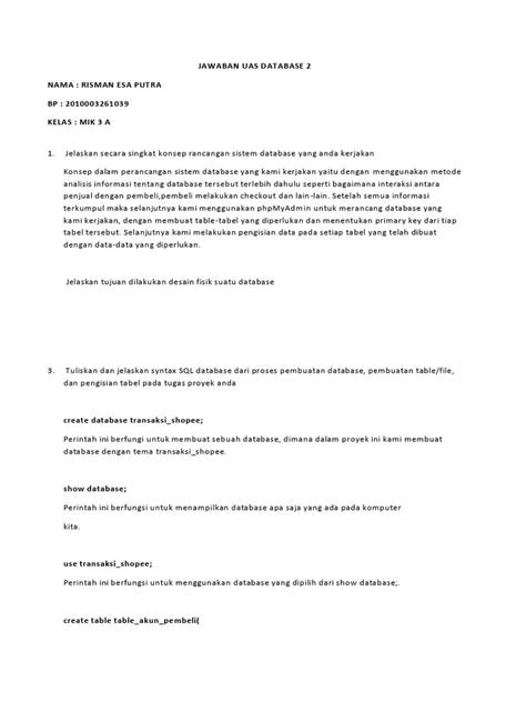 Jawaban Uas Database 2 Risman Esa Putra 2010003261039 Pdf
