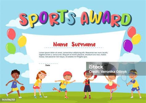 어린이 스포츠 졸업장 활동적인 아이 인증서 스포츠 만화 벡터 일러스트 레이 션을 연습하는 행복한 소년 소녀와 학교 상 템플릿 풍선에 대한 스톡 벡터 아트 및 기타 이미지