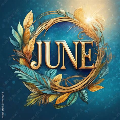 Logo Mois De Juin June Bleu Avec Des Plumes Et Des Feuilles En Dessin Ia Stock Illustration