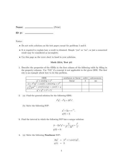 Differential Equations Test 2 With Solution Key Math 2214 Exams Differential Equations
