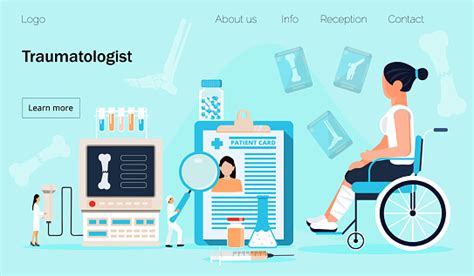 외상 학자 개념 벡터 병원에서 다리가 부러진 장애인 소녀 스포츠 외상 장면 휠체어를 탄 여성과 외상학의 작은 의사가 환자를 치료합니다 재활 X 레이에 대한 스톡 벡터 아트