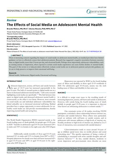 Pdf The Effects Of Social Media On Adolescent Mental Health