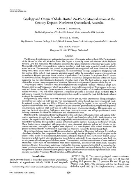 Geology And Origin Of Shale Hosted Zn Pb Ag Mineralization At The Century Deposit Northwest
