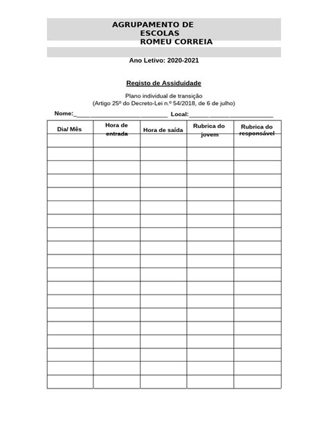 Registo De Assiduidade 2020 2021 Pdf