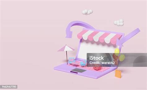 상점 정면 쇼핑 카트 종이 봉지 화살표 구름 커피 테이블 우산 분홍색 파스텔 배경에 격리된 의자 온라인 쇼핑 개념 3d 그림 또는 3d 렌더링이 있는 노트북 컴퓨터 3차원