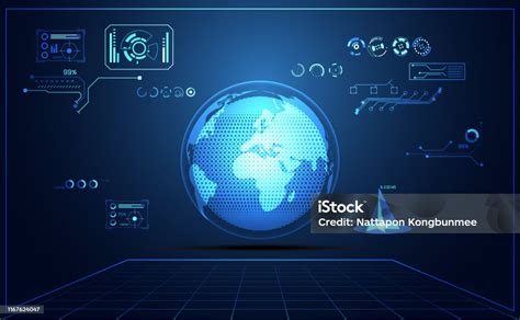 디지털 데이터 차트 통신 컴퓨팅 및 하이테크 미래 디자인 배경에 원 퍼센트 활력 혁신의 추상 기술 Ui 미래지도 Hud