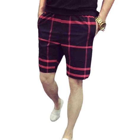 กางเกงขาสั้นลำลองสำหรับผู้ชาย กางเกงขาสั้นลายสก๊อตแฟชั่นกีฬาเทรนด์เอวยางยืดทรงหลวมแห้งเร็วสำหรับ
