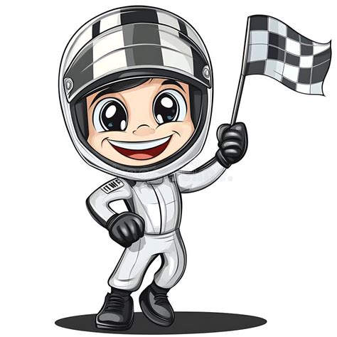 Cartoon Racer Celebra Con Una Bandera A Cuadros Sonriendo Ampliamente