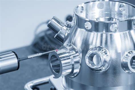 The Cmm Probe Measuring The Aluminum Automotive Parts In The Light Blue Scene Stock Image