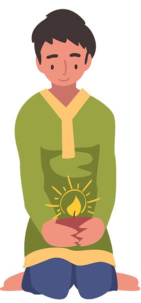 촛불을 들고 무릎을 꿇고 전통 옷을 입은 인도 남자 디왈리 힌두 홀리데이 라이트 페스티벌 만화 스타일 벡터 일러스트레이션을