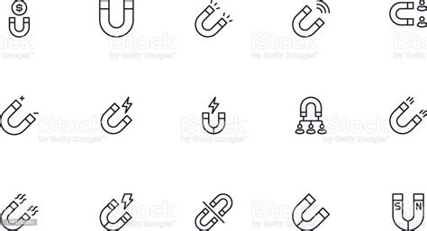현대 자석 윤곽선 아이콘의 컬렉션입니다 모바일 앱 웹 사이트 전단지 배너 등을 위한 현대적인 삽화 세트가 흰색 배경에 분리되어