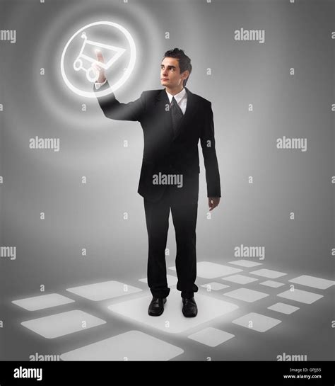 Business Man Pressing Button Stock Photo Alamy