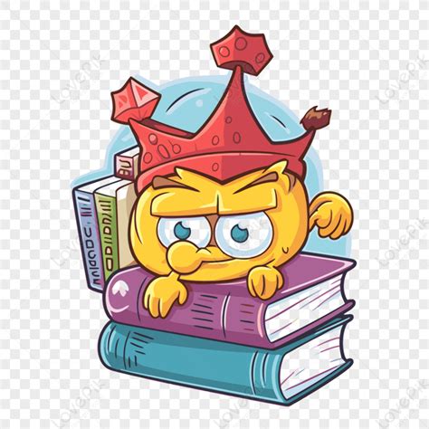왕관을 쓴 큰 책더미 위에 앉아 있는 만화 왕의 고양이 캐릭터 벡터상표학생 Png 일러스트 무료 다운로드 Lovepik