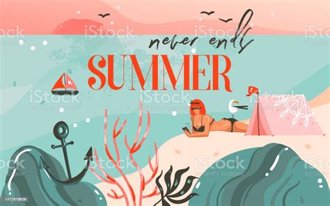 손으로 그린된 벡터 추상 만화 여름 시간 그래픽 일러스트 아트 배경 오션 비치 풍경 타이 포 그래피 끝나지 핑크 일몰 캠핑 텐트와 해변 여름에 여자 경관에 대한 스톡 벡터