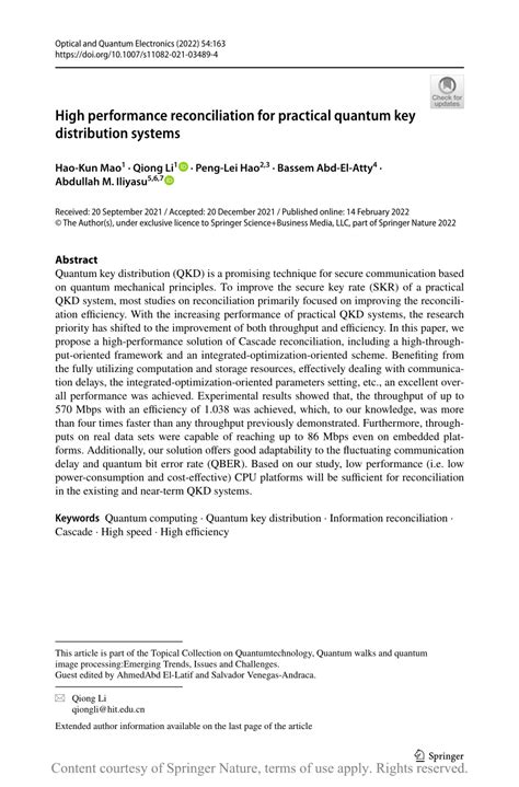 High Performance Reconciliation For Practical Quantum Key Distribution Systems Request Pdf