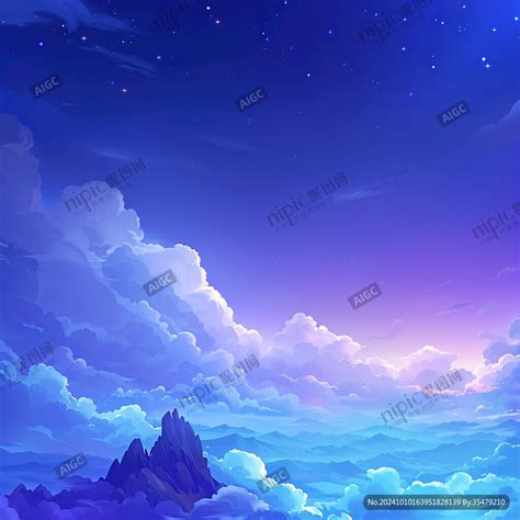 Ai创作图夜晚云彩星星 手绘水晶夜空效果 手绘紫色星空插画 月亮云朵星空插画 蓝紫色插画画面 创意插画天空 蓝紫色星空夜晚背景 卡通夜空背景 天空插画素材 梦幻夜景插画 云顶观日插画 星空山川
