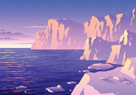 Beautiful Sunset Arctic Or Antartic Iceberg Landscape Illustration