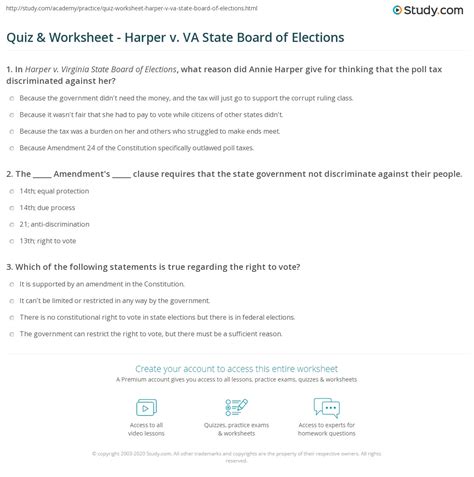 Quiz And Worksheet Harper V Va State Board Of Elections