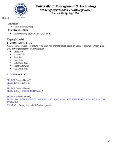 Database Systems Lab Manual Week 07 Practice Material Of Queries