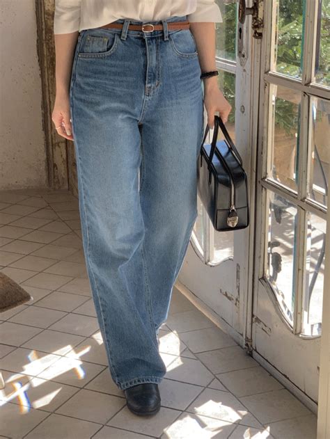 어니언 세미 와이드 하이웨스트 데님 진청 워싱 데님 팬츠 에이블리