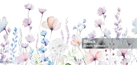 수채화 파스텔 야생화와 나뭇잎으로 만든 완벽 한 테두리 손으로 그린 웨딩 일러스트 수채화에 대한 스톡 벡터 아트 및 기타 이미지 수채화 야생화 0명 Istock