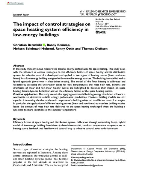 Pdf The Impact Of Control Strategies On Space Heating System Efficiency In Low Energy Buildings