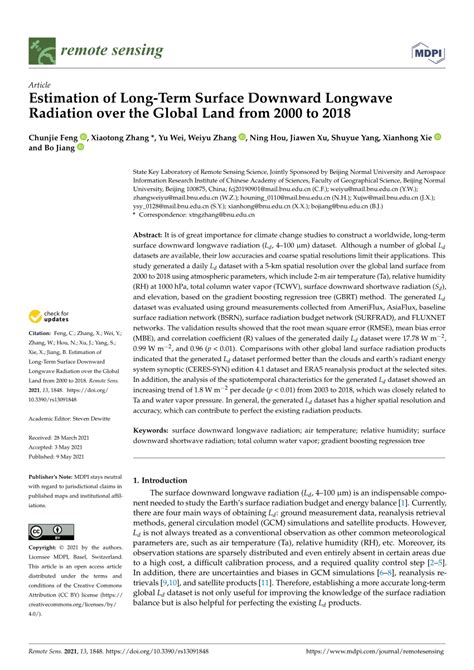 Pdf Estimation Of Long Term Surface Downward Longwave Radiation Over The Global Land From 2000