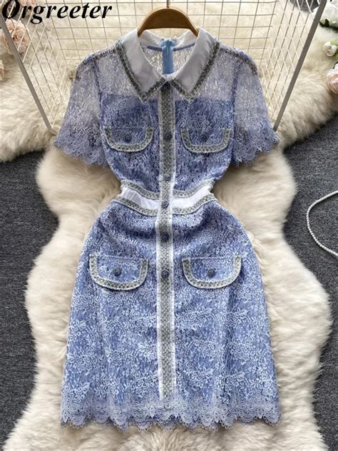 여성용 우아한 레이스 드레스 트위드 트림 싱글 브레스트 슬림 바디콘 드레스 고품질 프린트 2022 여름 드레스 Aliexpress