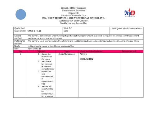 Lesson Plan In Hope 2 Tutorial Work Department Of Education Region