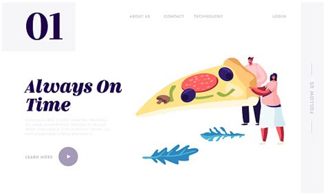 남성과 여성 캐릭터의 작은 커플은 올리브 버섯과 소시지 피자 비스트로 음식 웹 사이트 방문 페이지 웹 페이지와 피자의 거대한 조각을 보유하고 있습니다 만화 플랫 벡터