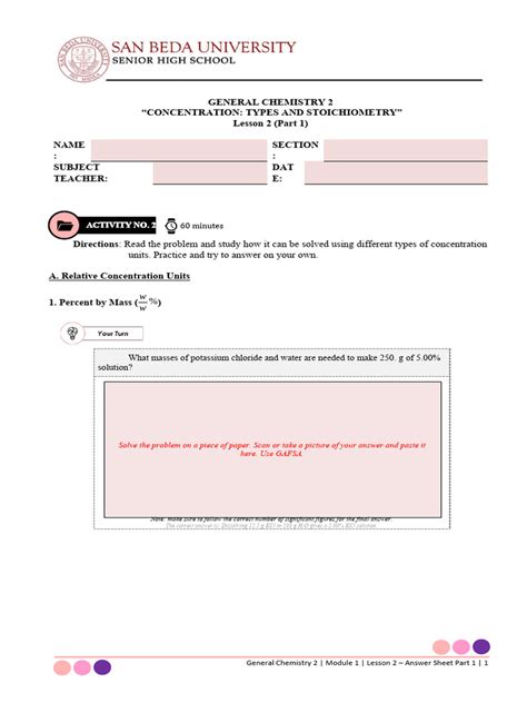Gc2 M1l2 Answer Sheet Part 1 Concentration Units And Stoichiometry Of Solutions Pdf