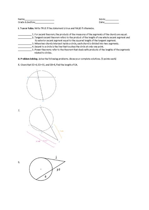 Power Theorem Quiz Mathematics Activities Name Score Grade
