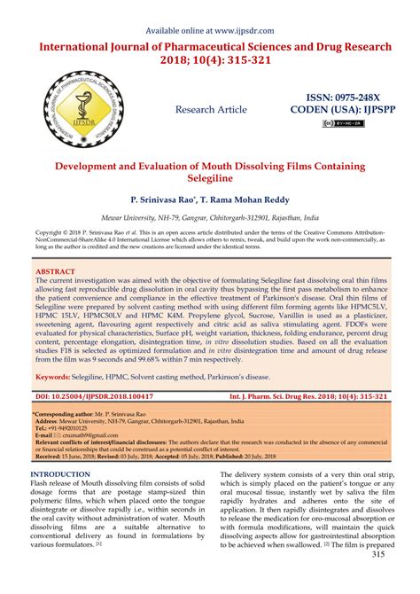 Pdf Development And Evaluation Of Mouth Dissolving Films Containing Selegiline