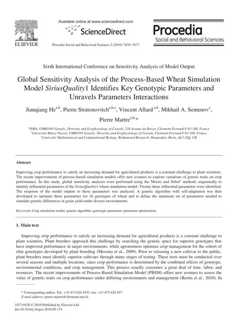 Pdf Global Sensitivity Analysis Of The Process Based Wheat Simulation Model Siriusquality1