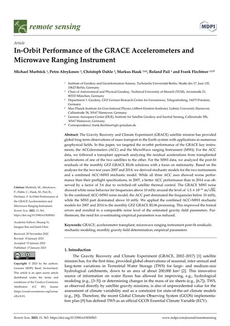 Pdf In Orbit Performance Of The Grace Accelerometers And Microwave Ranging Instrument