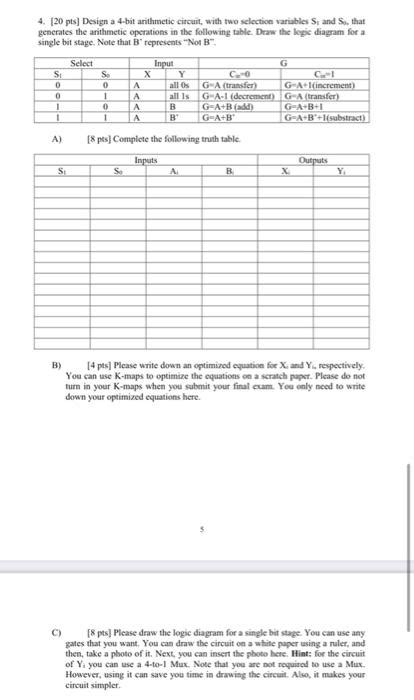 solved 4 20 pts design a 4 bit arithmetic circuit with